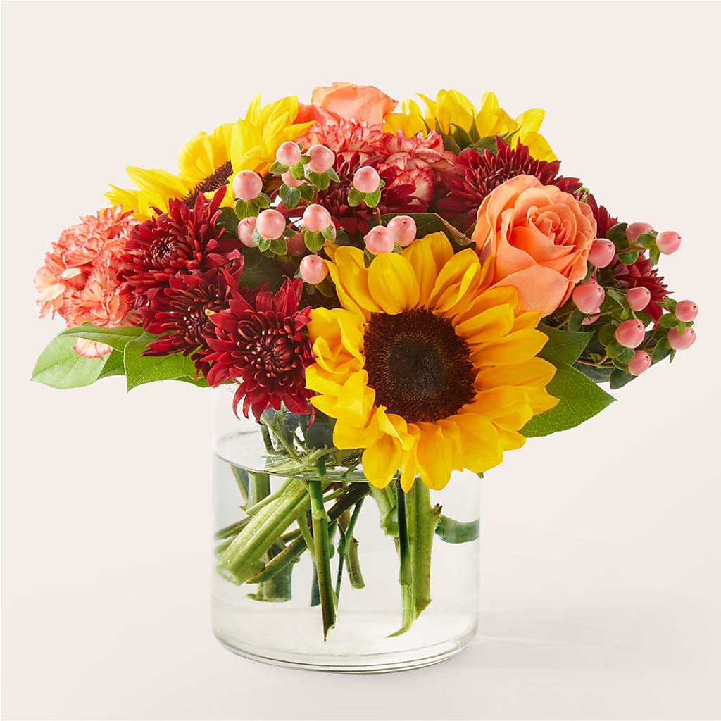 September Sunset Bouquet – orange, pink, red, yellow flower arrangement ...
