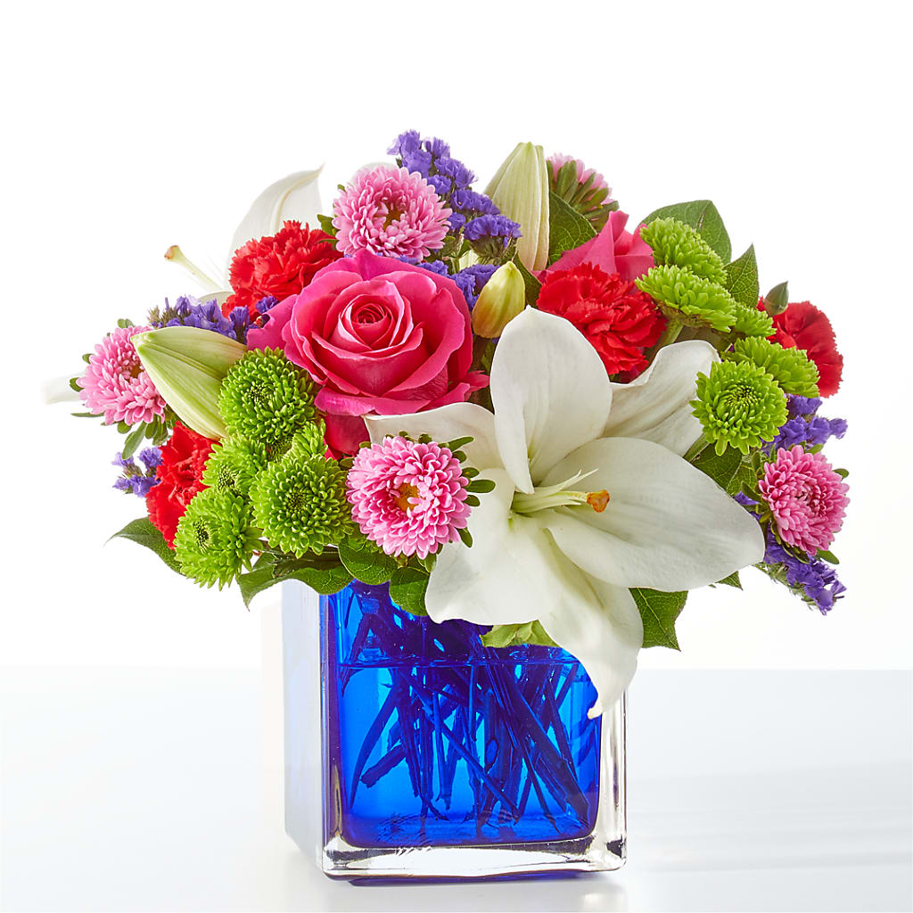 Quality Time Bouquet – green, pink, purple, red, white flower ...